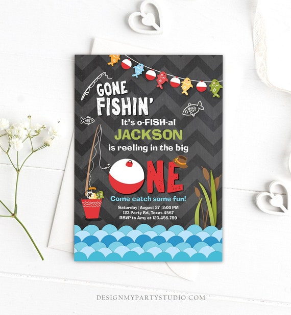 Editable First Birthday Fishing Invitation Fishing Party The Big One O ...