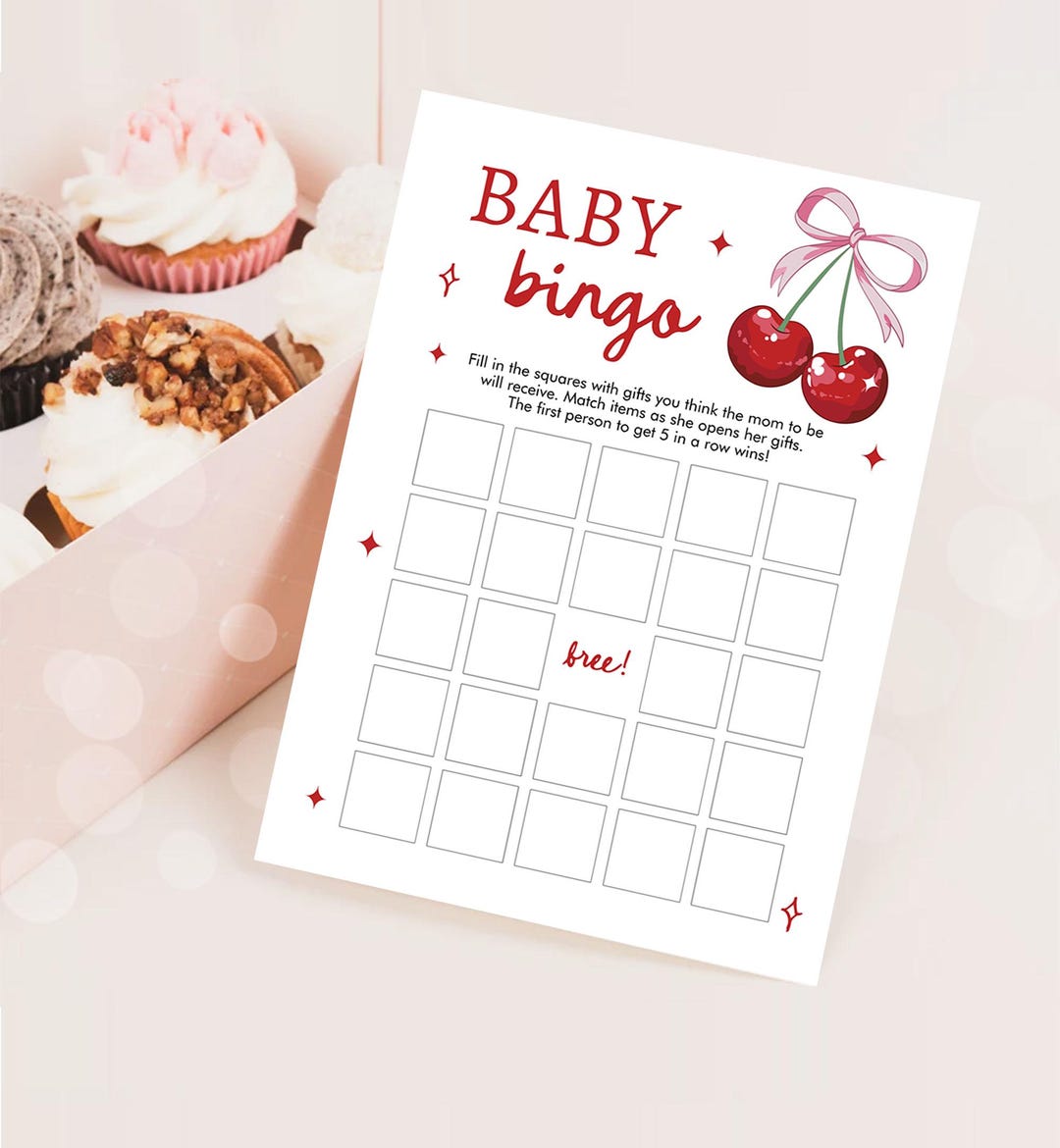 Editable Baby Bingo Baby Shower Game Card Cherry Baby Shower Pink Bow ...