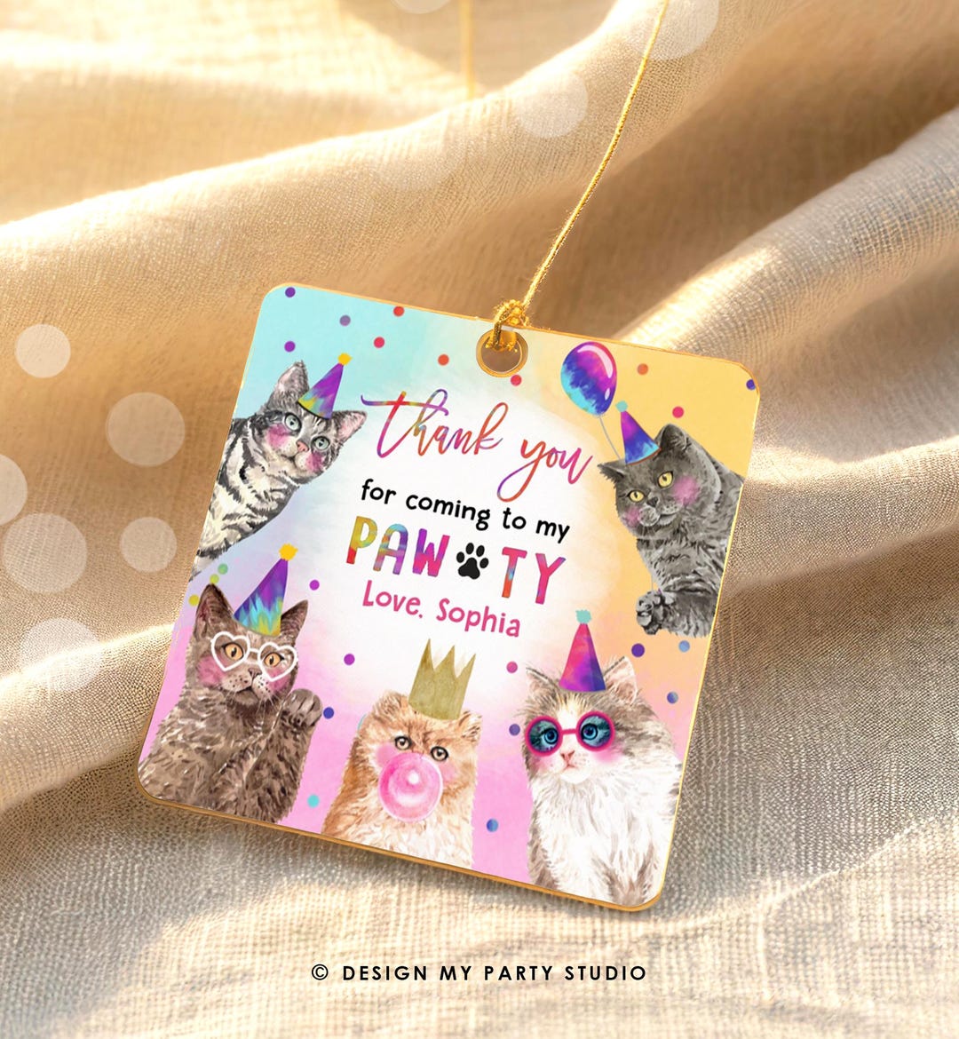 Editable Cats Birthday Favor Tag Kitten Birthday Thank You Tag Stickers ...