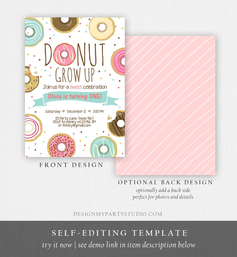 Editable Donut Grow Up Birthday Invitation First Birthday | Etsy