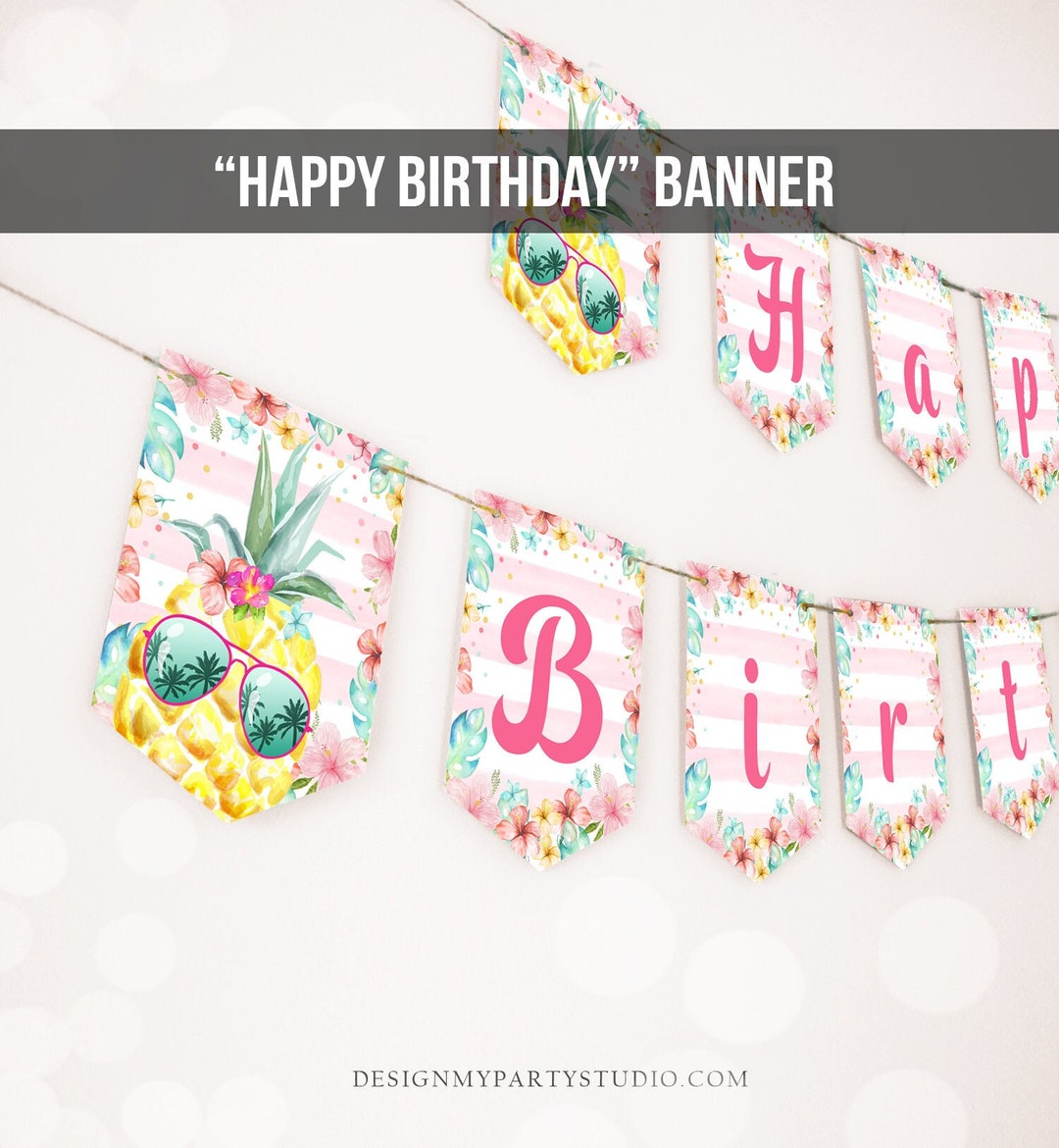 Pineapple Happy Birthday Banner Aloha Tropical Pink Hawaiian Birthday ...