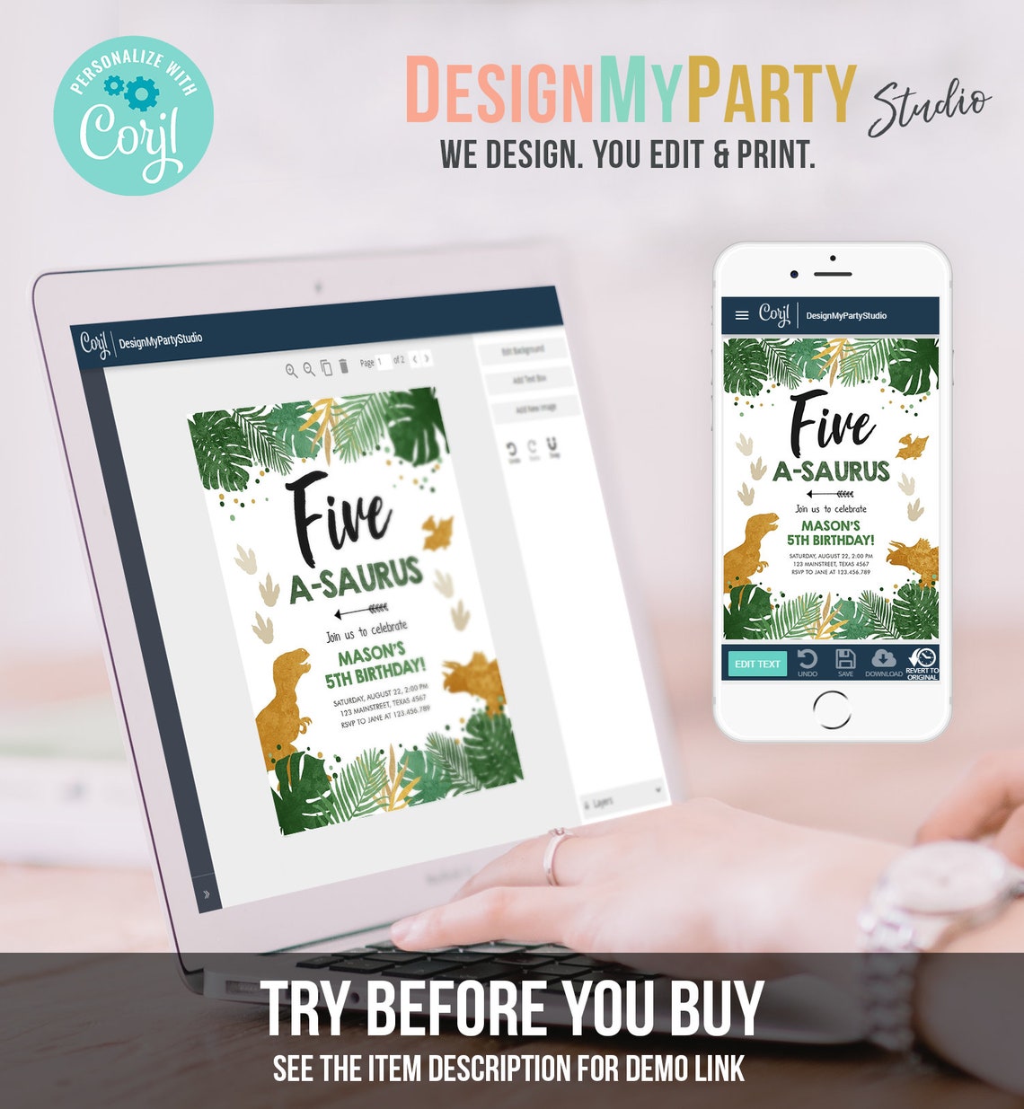 Editable Five-a-saurus Birthday Invitation ANY AGE Dinosaur Dino Party ...