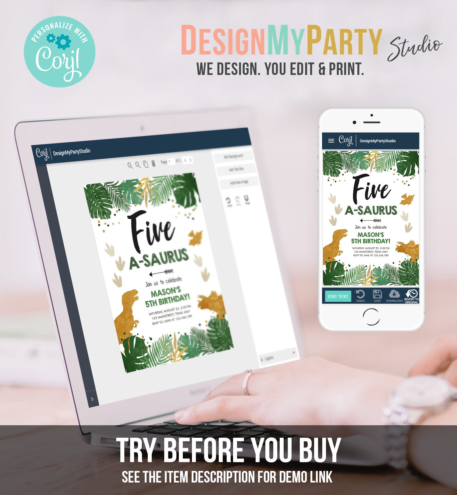 Editable Five-a-saurus Birthday Invitation ANY AGE Dinosaur Dino Party ...