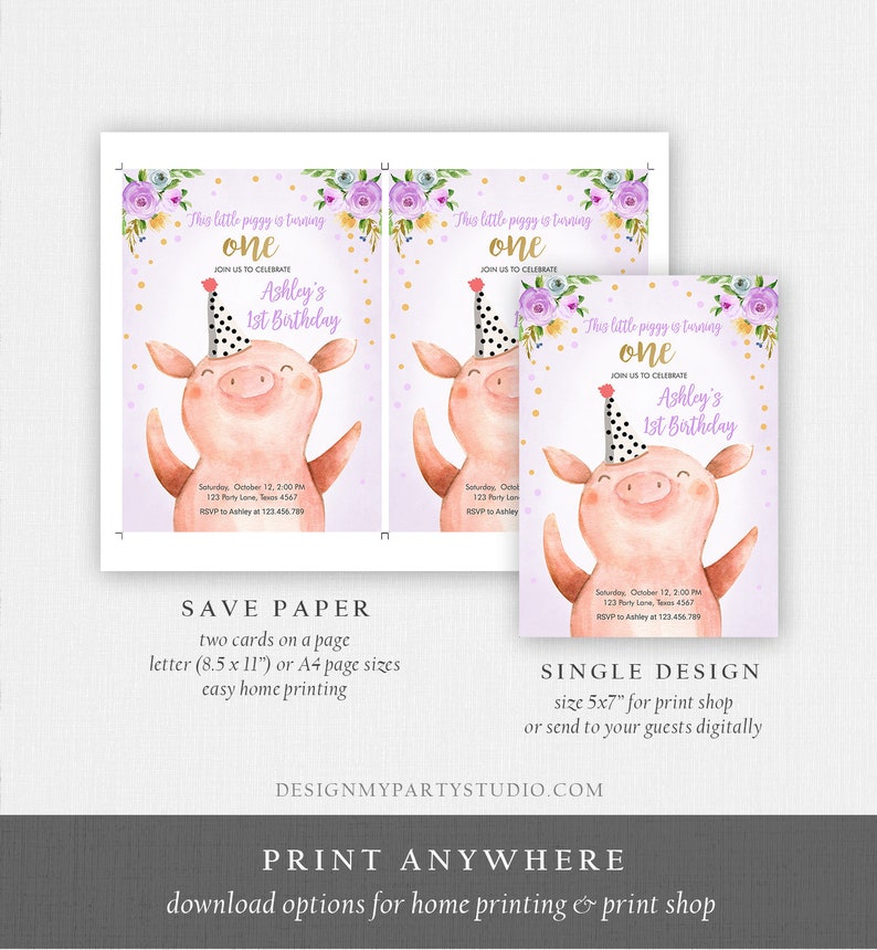 Editable Pig Birthday Invitation Girl Farm Animals Purple - Etsy