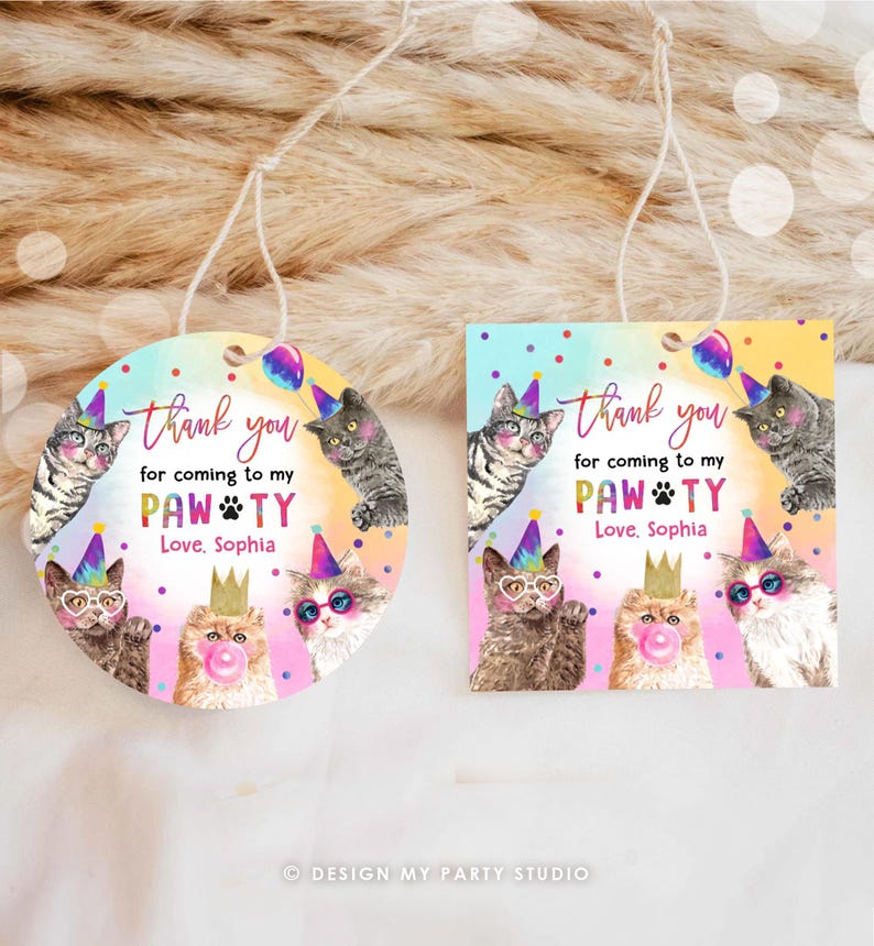 Editable Cats Birthday Favor Tag Kitten Birthday Thank You Tag Stickers ...