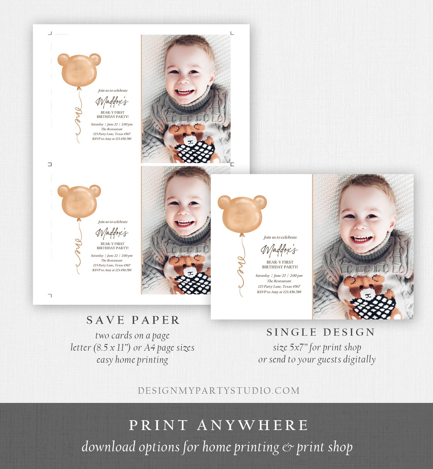 Editable Bear Birthday Invitation Bear Balloon Modern Teddy - Etsy