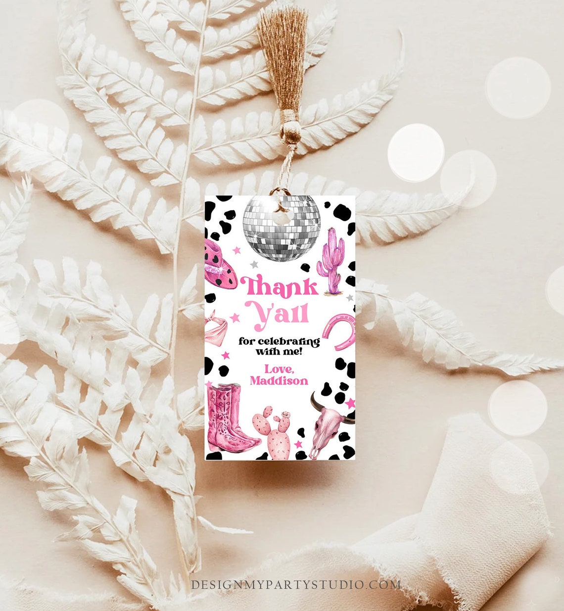 Editable Disco Cowgirl Birthday Favor Tag Nashville Party Gift Tag Pink ...