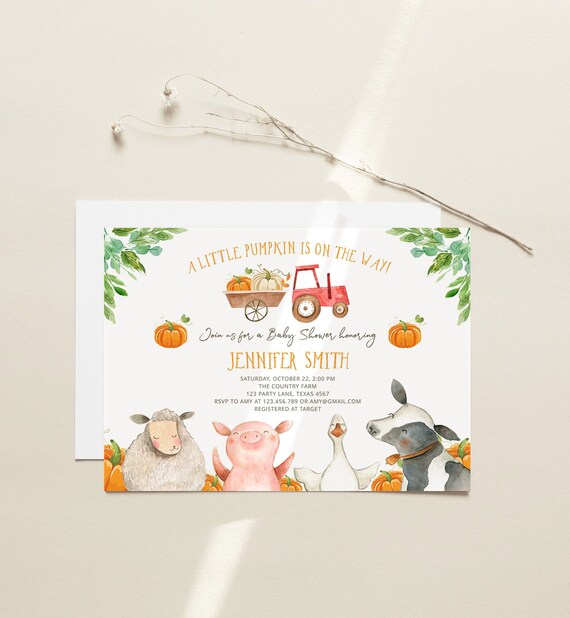 Editable Farm Baby Shower Invitation Pumpkin Gender Neutral Red Truck ...