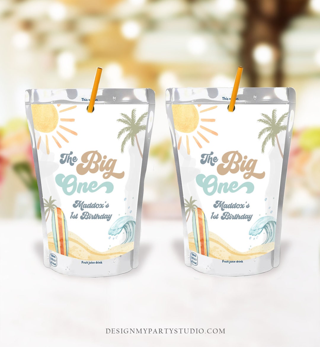 Editable Surf Party Juice Pouch Label Juice Favors the Big One Surfing ...