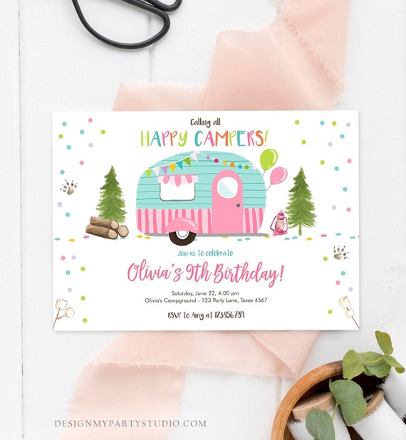 Editable Happy Camper Birthday Invitation Girl Pink Camping Party Pink Camper Glamping Download ...