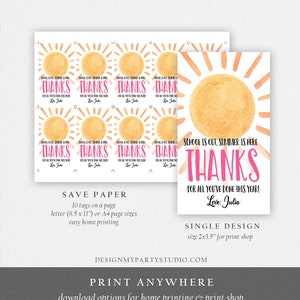 Editable Teacher Appreciation Gift Tags Sunshine Thank You Tag Schools ...