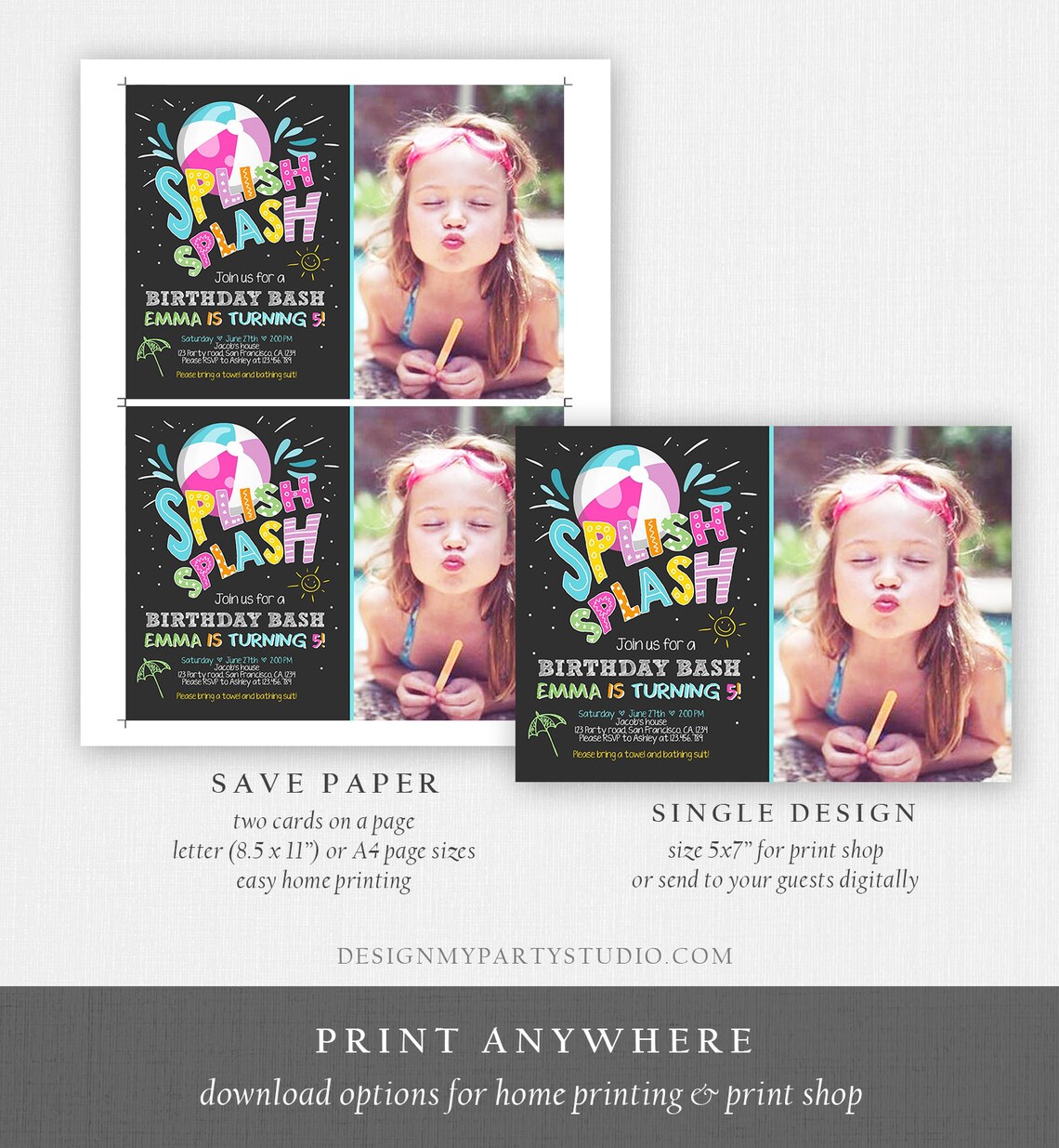 Editable Splish Splash Birthday Invitation Pool Party Beach - Etsy