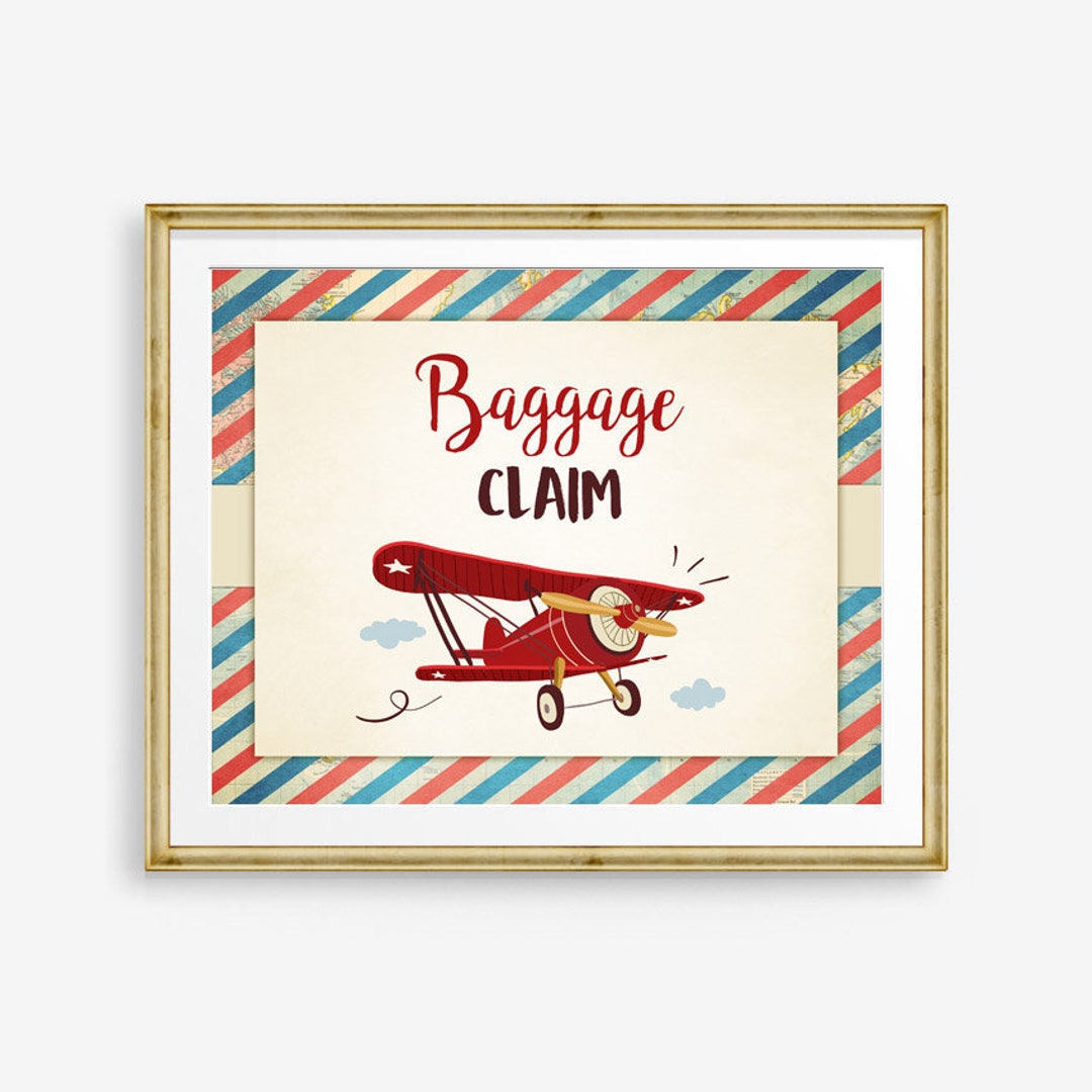 Baggage Claim Sign Vintage Airplane Boy Birthday Party Sign Around the ...