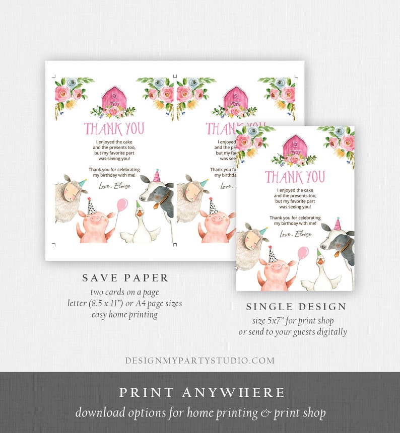 Editable Farm Animals Thank You Card Pink Gingham Farm | Etsy