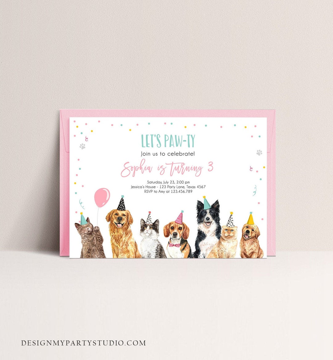 Editable Cats and Dogs Birthday Invitation Cat Dog Birthday Party ...