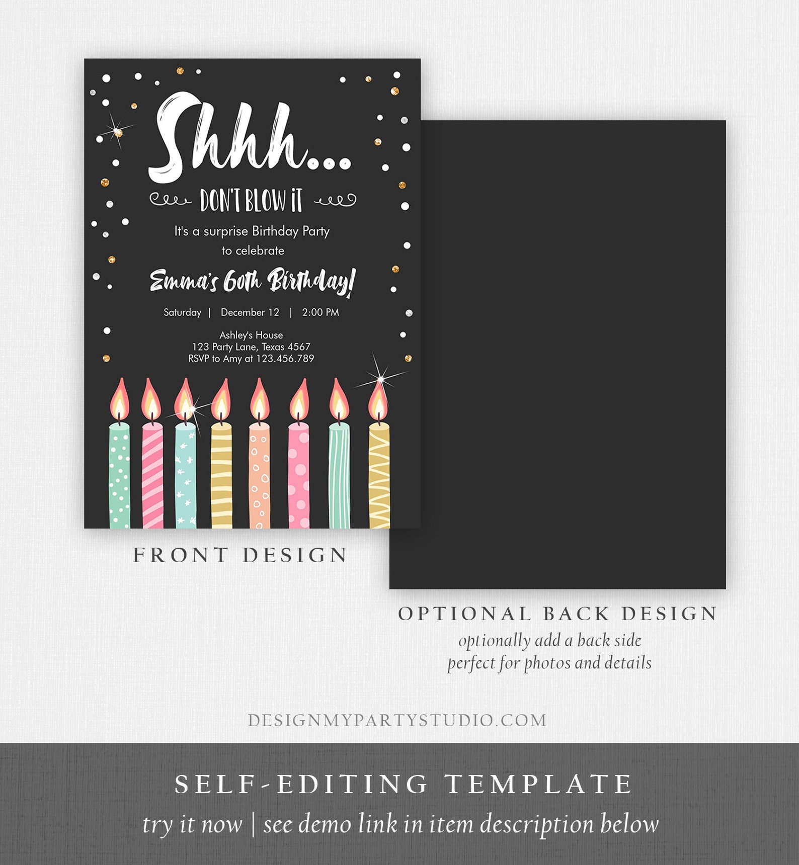 Editable Candles Surprise Birthday Invitation Shhh It's A | Etsy