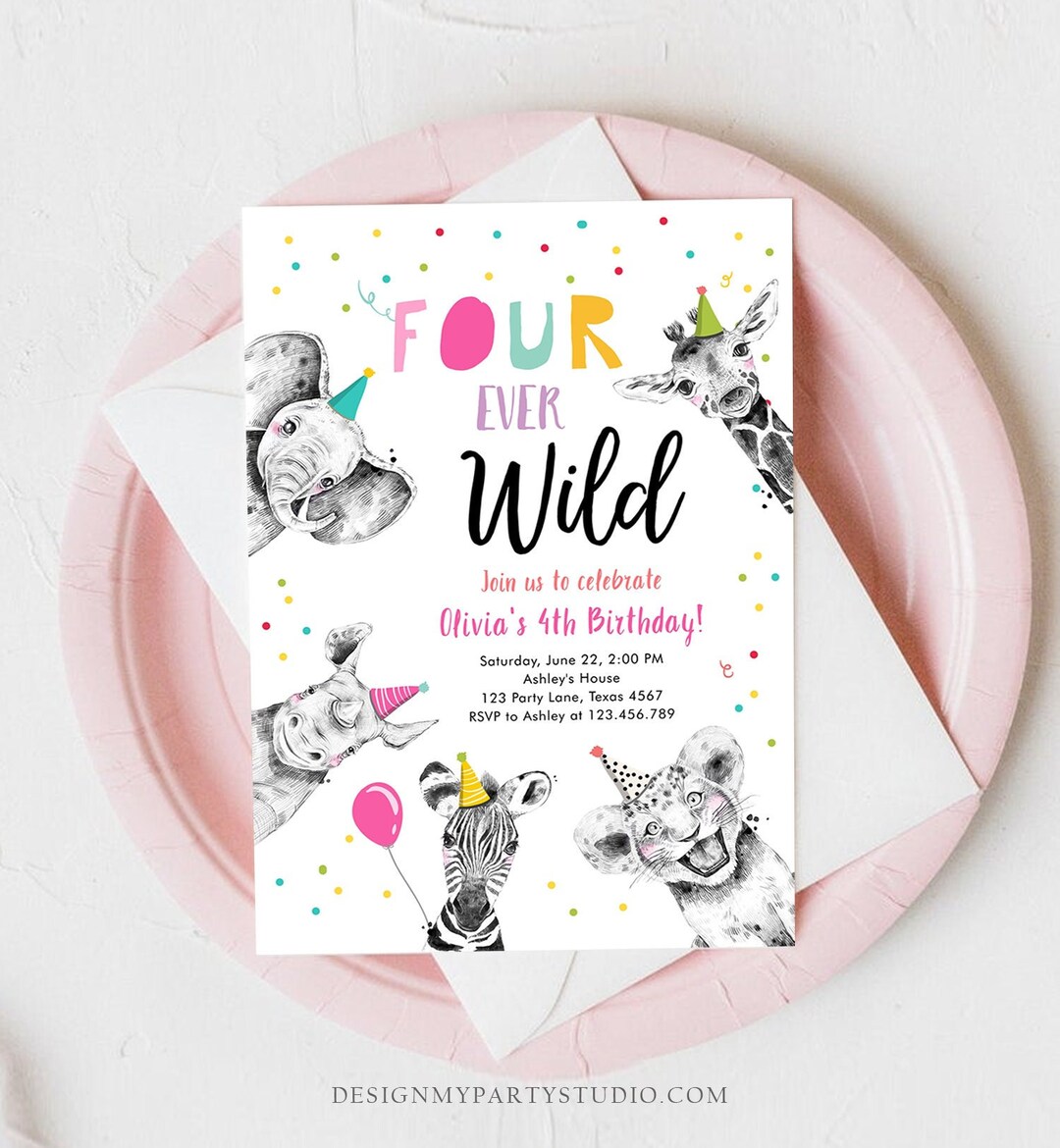 Editable Four Ever Wild Birthday Invitation Girl Pink Gold Safari Party ...