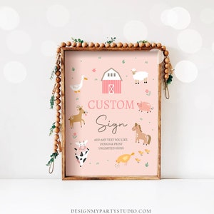 Editable Custom Sign Farm Animals Sign Pink Barnyard Birthday ...