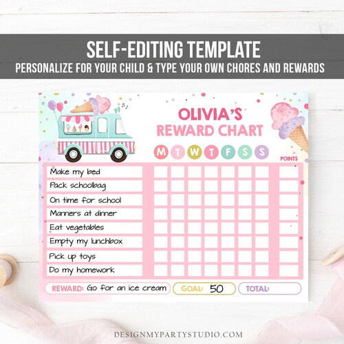 Editable Ice Cream Reward Chart Girls Chore Chart Kids Routine - Etsy