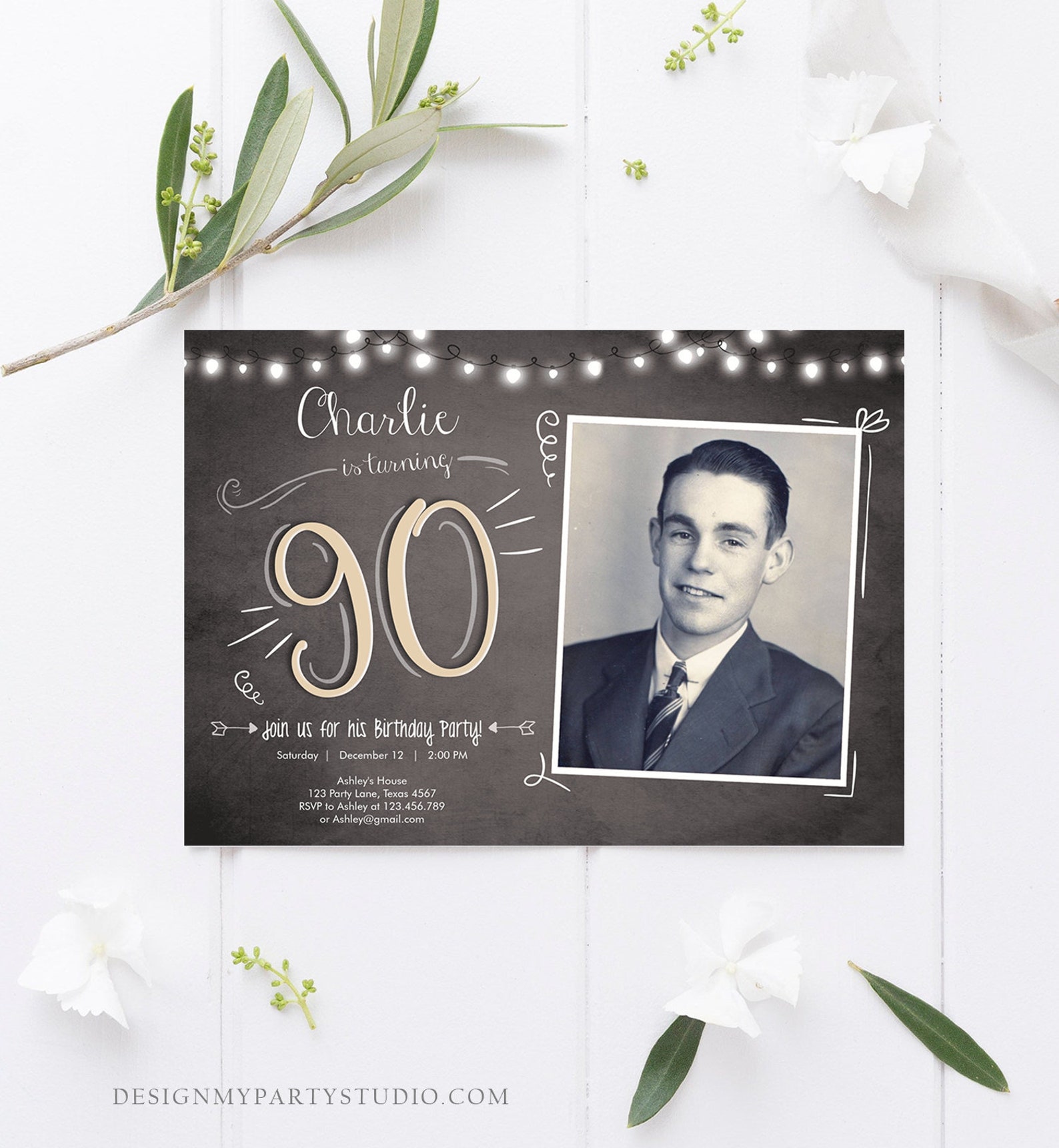 Editable 90th Birthday Invitation Chalkboard Rustic Adult - Etsy