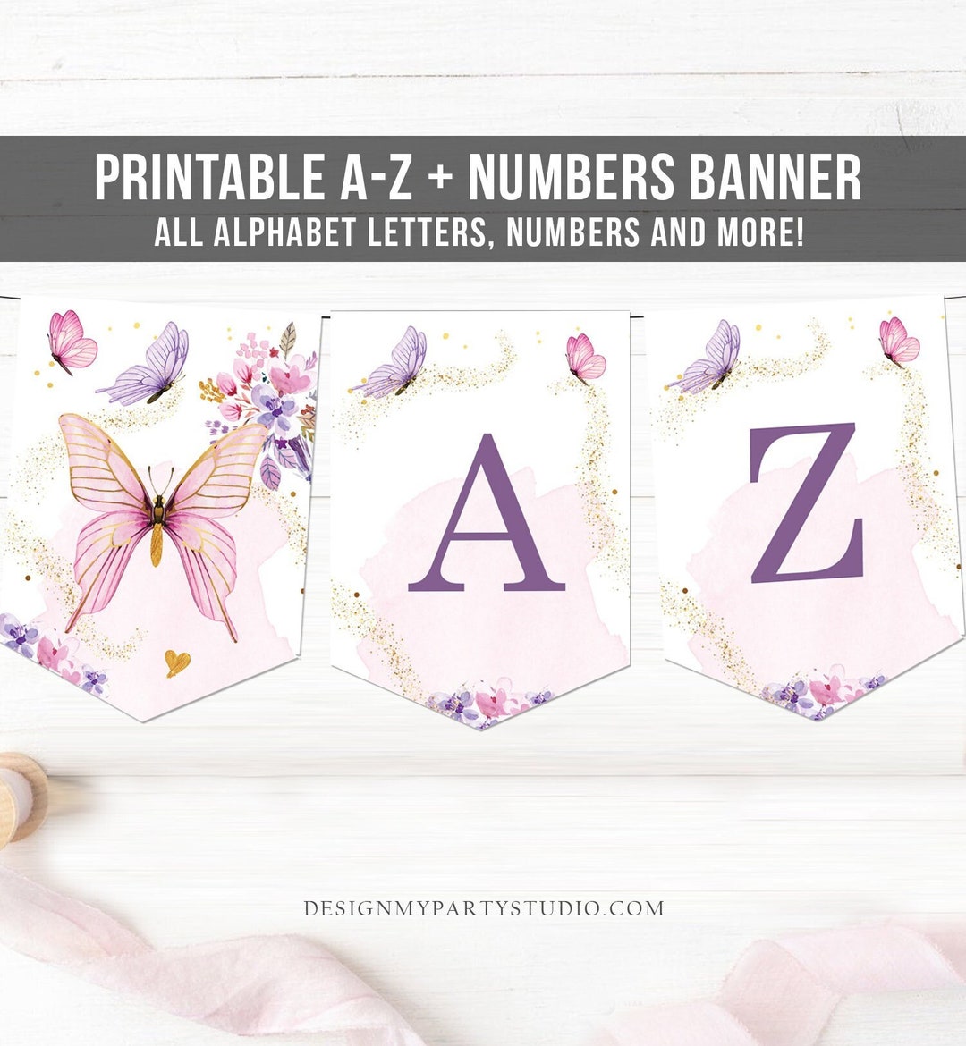 Butterfly A-Z Alphabet Banner Birthday Baby Shower Purple Pink Girl ...