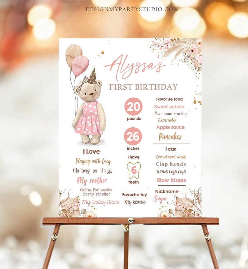 Editable Teddy Bear 1st Birthday Milestones Sign Girl Teddy - Etsy