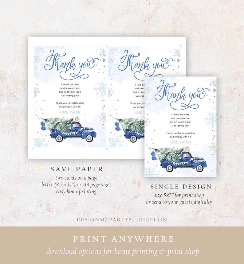 Editable Winter Truck Thank You Card Boy Birthday Winter Onederland ...
