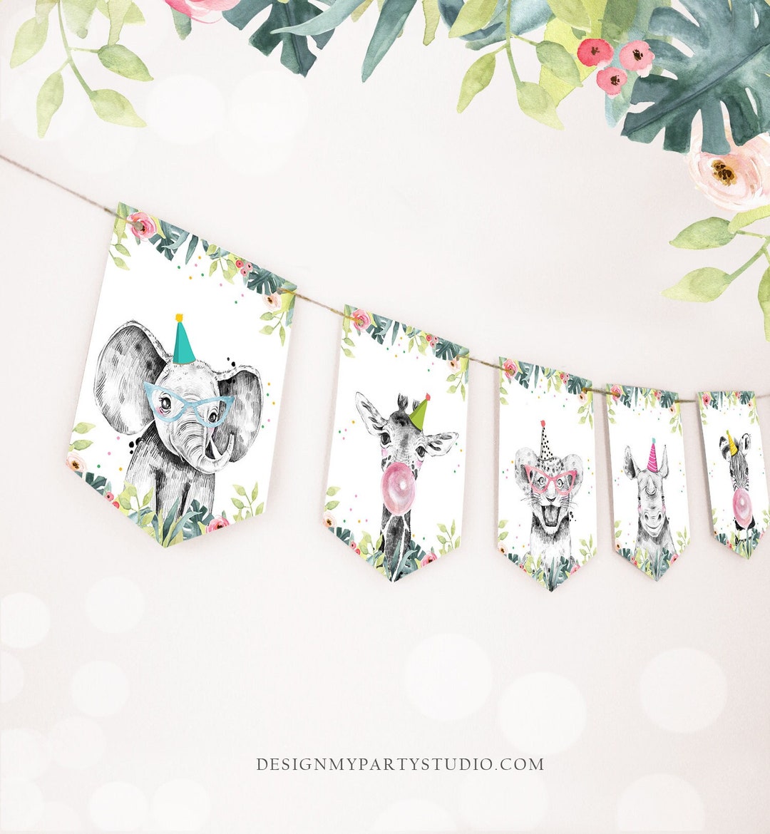 Party Animals Birthday Banner Safari Animals Faces Heads Pink Wild One ...