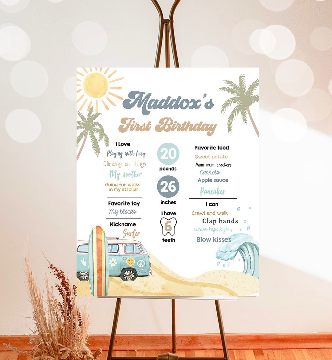 Editable Surf Birthday Milestones Sign Boy Big One Surfs up Surfing ...