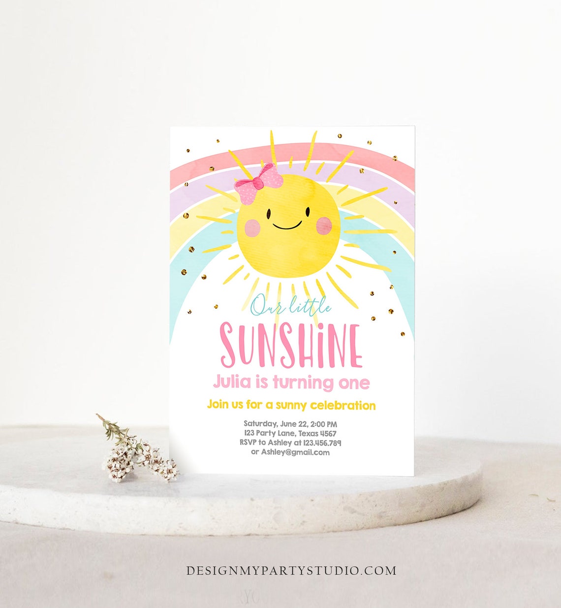 Editable Sunshine and Rainbow Birthday Invitation Pastel Rainbow ...