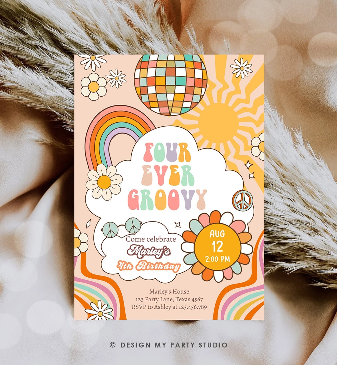 Editable Four Ever Groovy Birthday Invitation 4th Birthday Retro ...