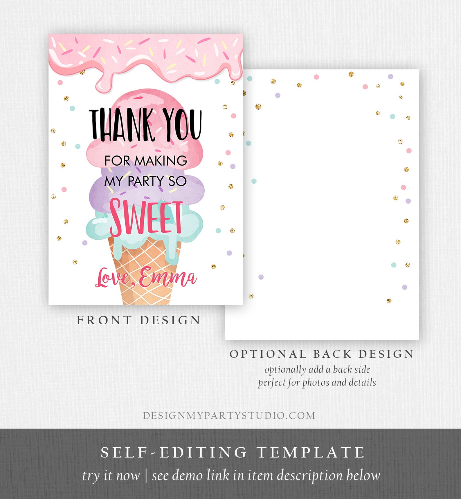 Editable Ice Cream Thank You Card Ice Cream Birthday Thank You - Etsy