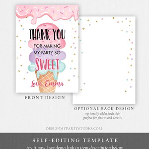 Editable Ice Cream Thank You Card Ice Cream Birthday Thank You Note ...