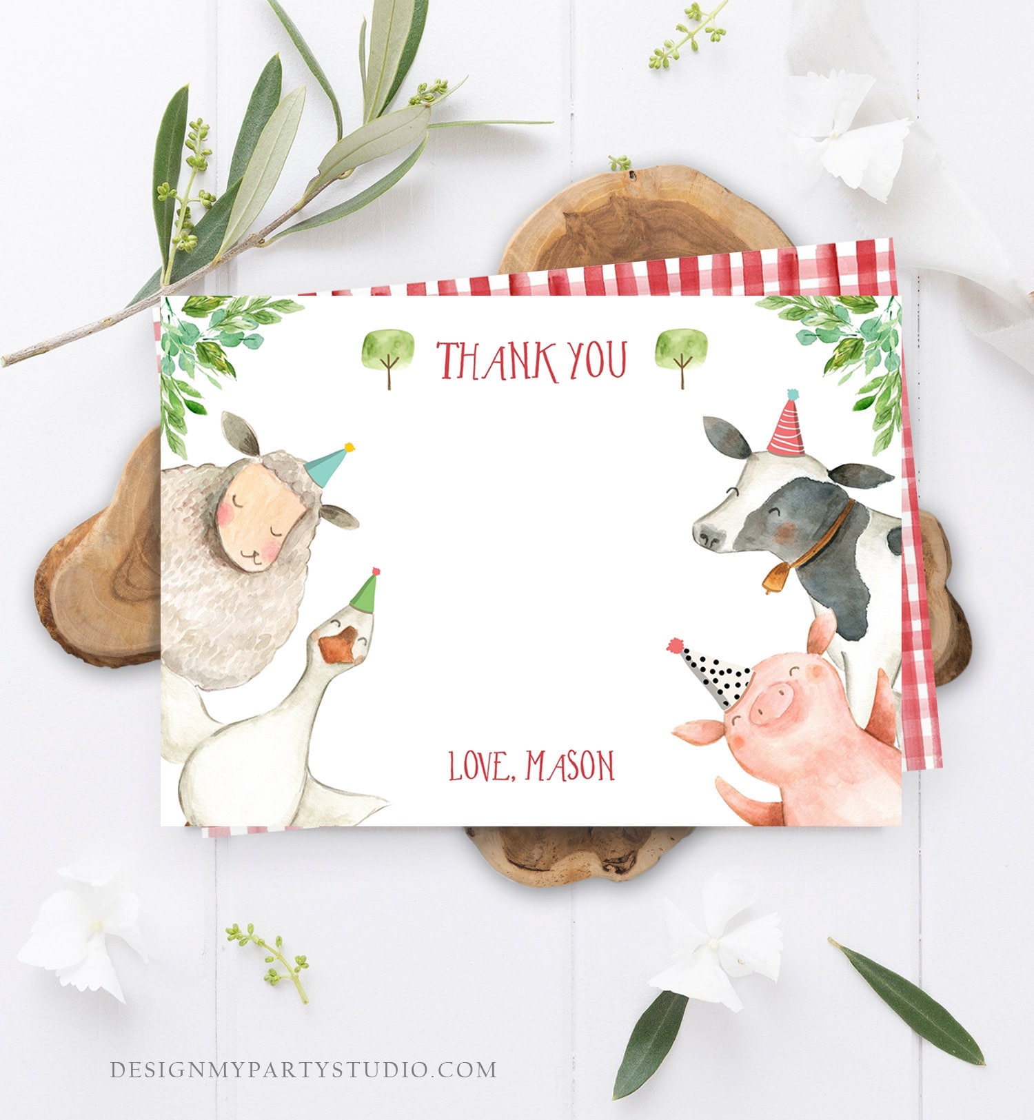 Editable Farm Animals Thank You Card Red Gingham Farm Birthday Boy ...