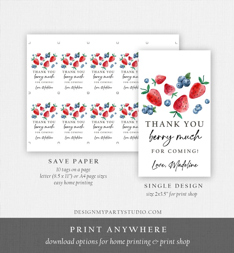 Editable Strawberry Blueberry Favor Tags Berry First Birthday | Etsy