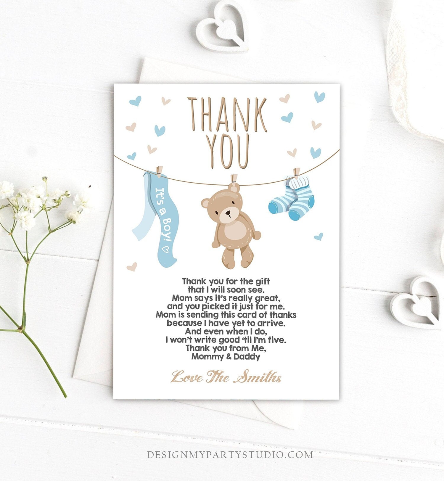 Editable Teddy Bear Thank You Card Baby Shower Thank You Note Boy Blue ...