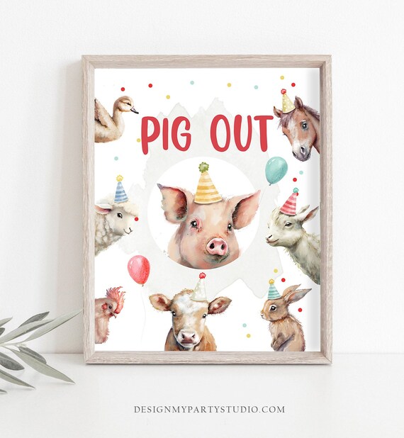 Pig Out Table Sign Farm Animals Birthday Decorations Barnyard Decor Boy ...
