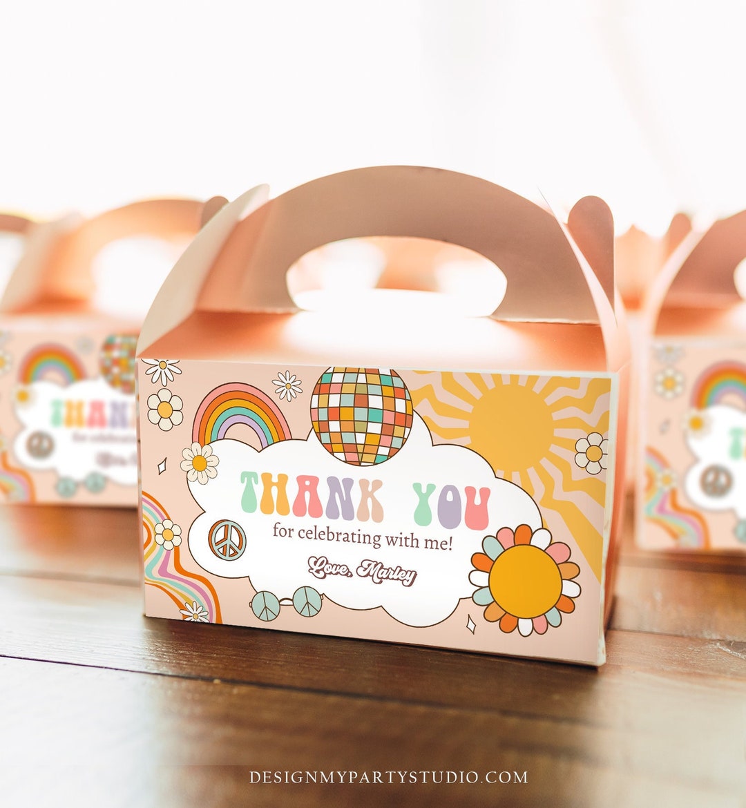 Editable Groovy Birthday Party Gable Box Favor Label Hippie 70's Gift ...