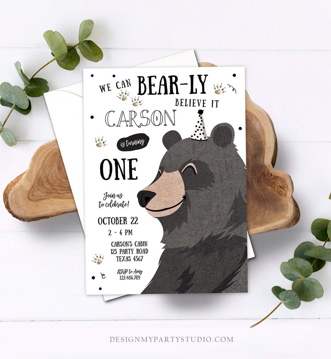 Editable Bear Birthday Invitation Boy Black Bear Invitation - Etsy