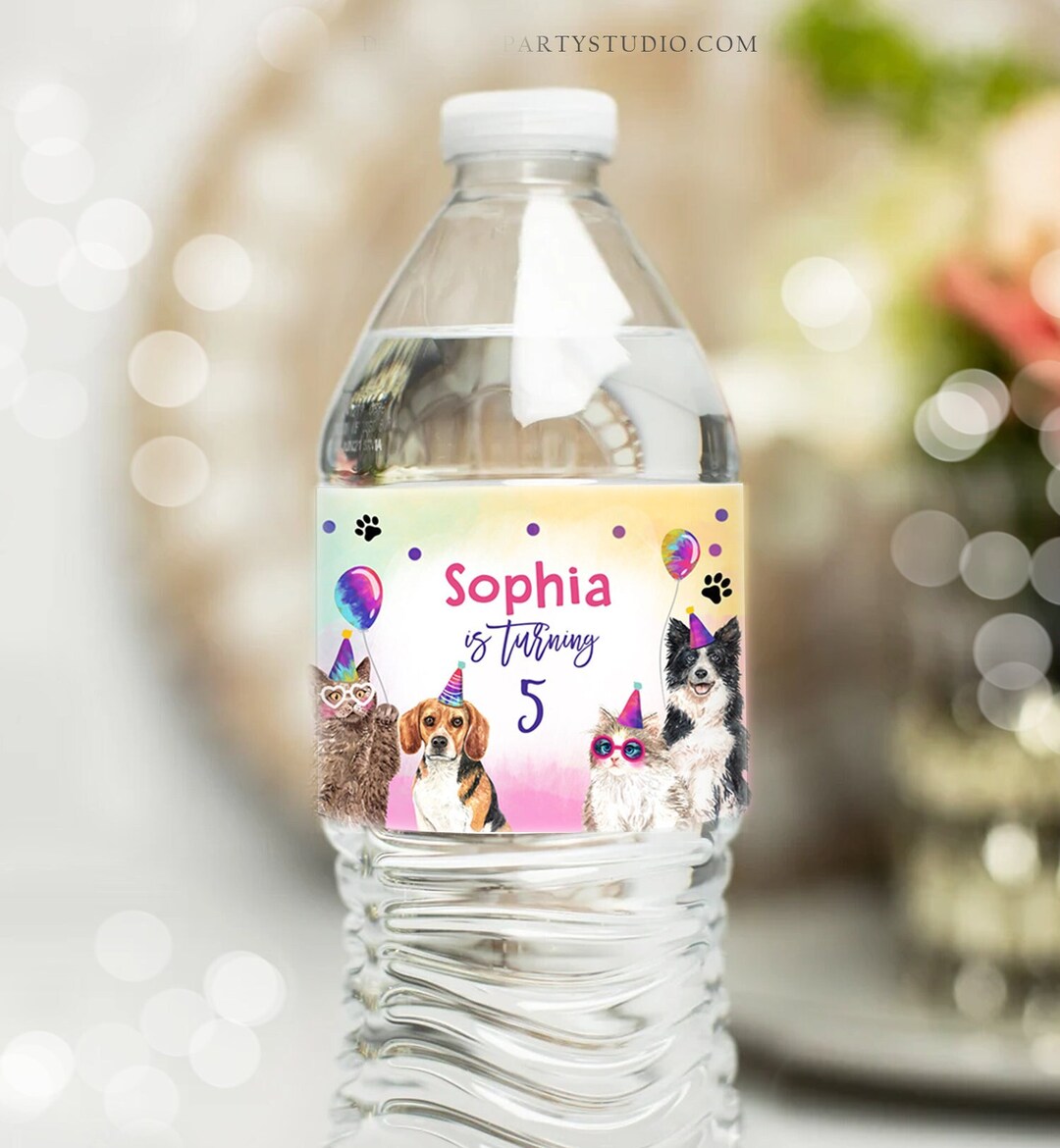 Editable Cats and Dogs Water Bottle Labels Dog Birthday Puppy Party ...