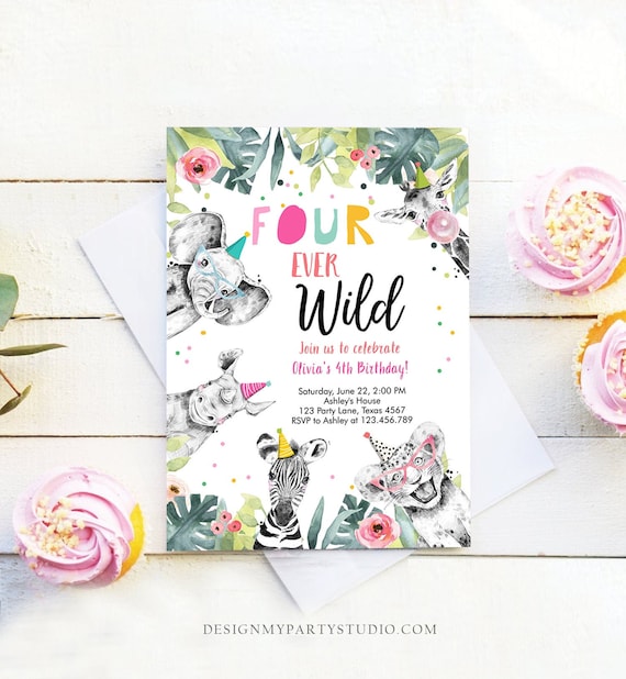 Editable Four Ever Wild Invitation Girl Pink and Gold Safari Animals ...