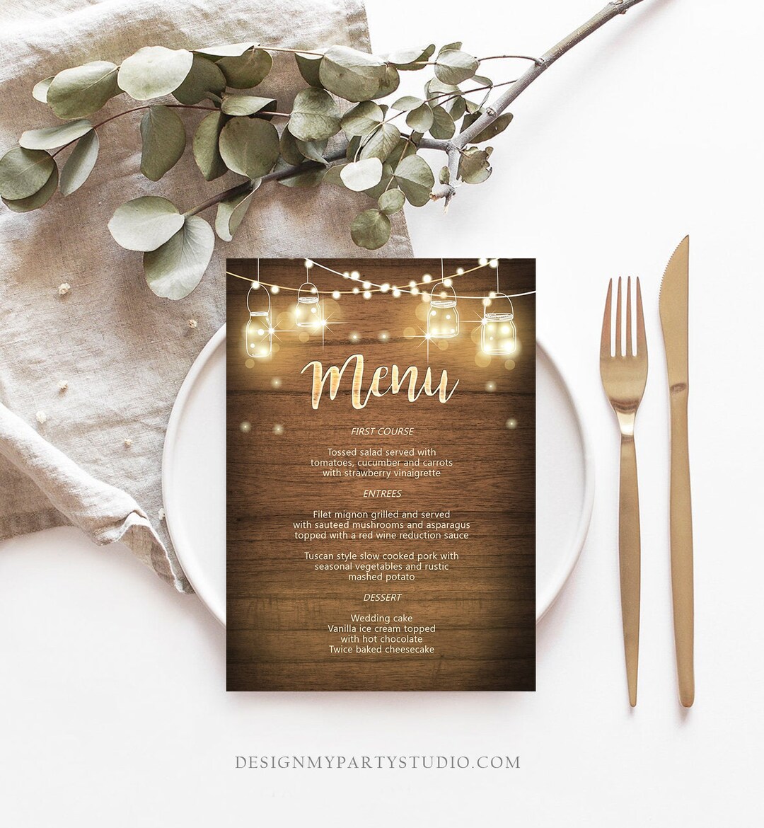 Editable Rustic Menu Card Wedding Shower Birthday Party Outdoor Lights ...
