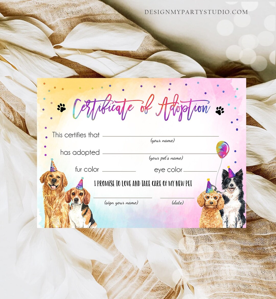 Pet Adoption Certificate Dogs Adoption Dog Birthday Party Adopt A Puppy ...