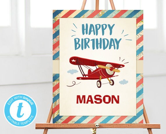 Airplane Birthday Sign Happy Birthday Boy Vintage Airplane Birthday ...