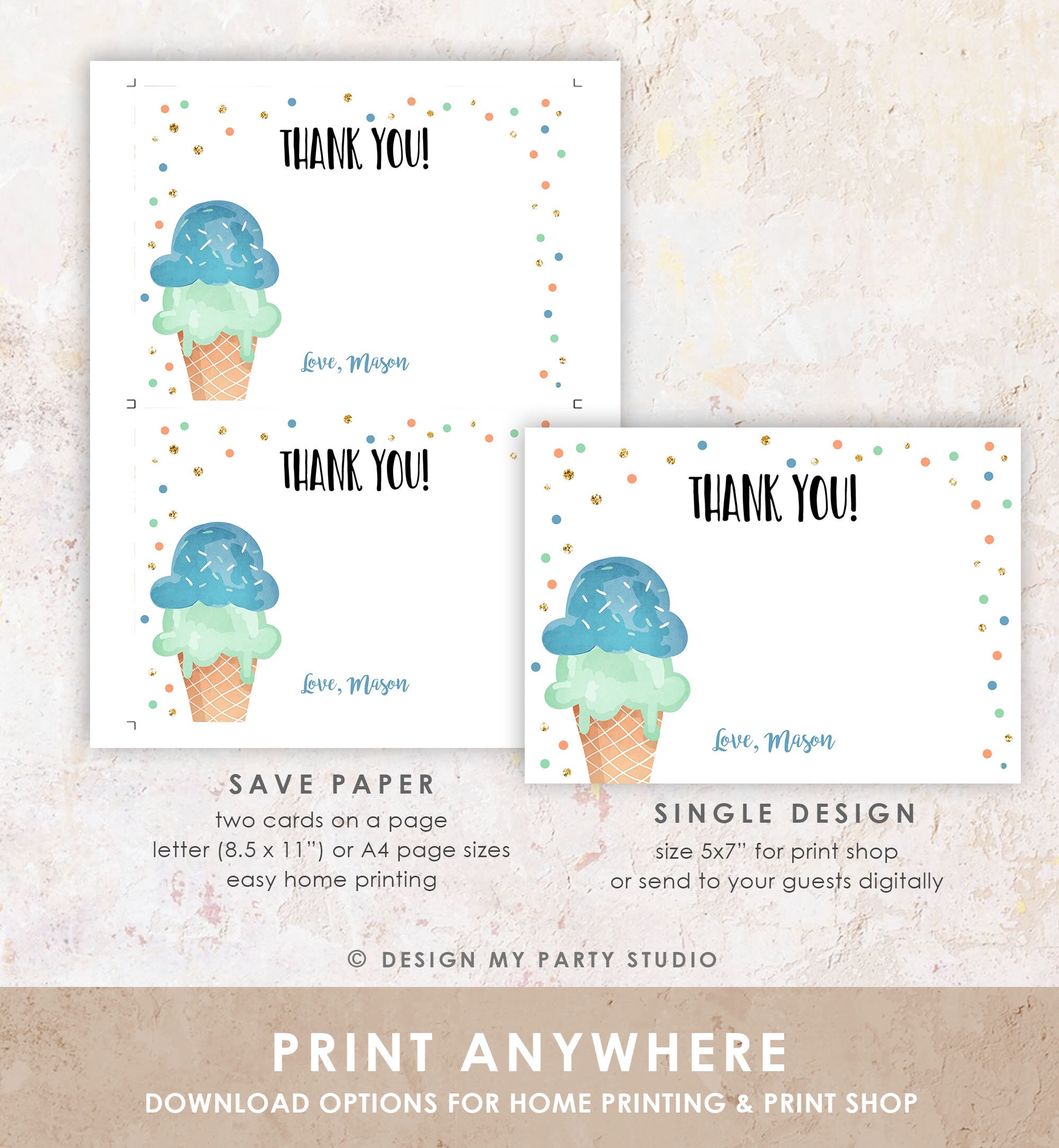 Editable Ice Cream Thank You Card Ice Cream Birthday Thank You Note Boy ...