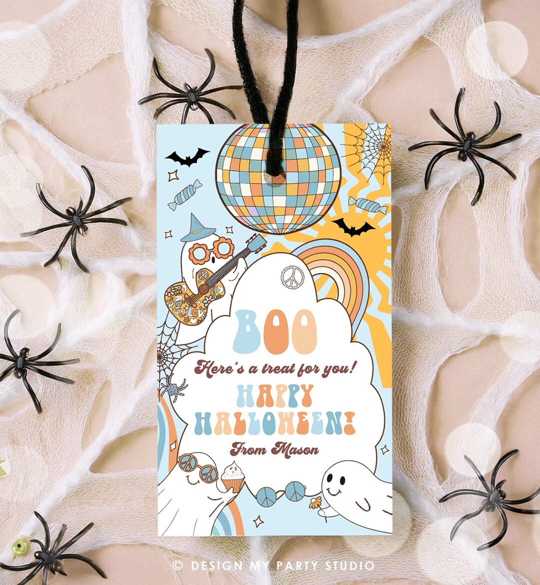 Editable Boo Treat for You Halloween Retro Groovy Ghost Gift Tag Spooky ...