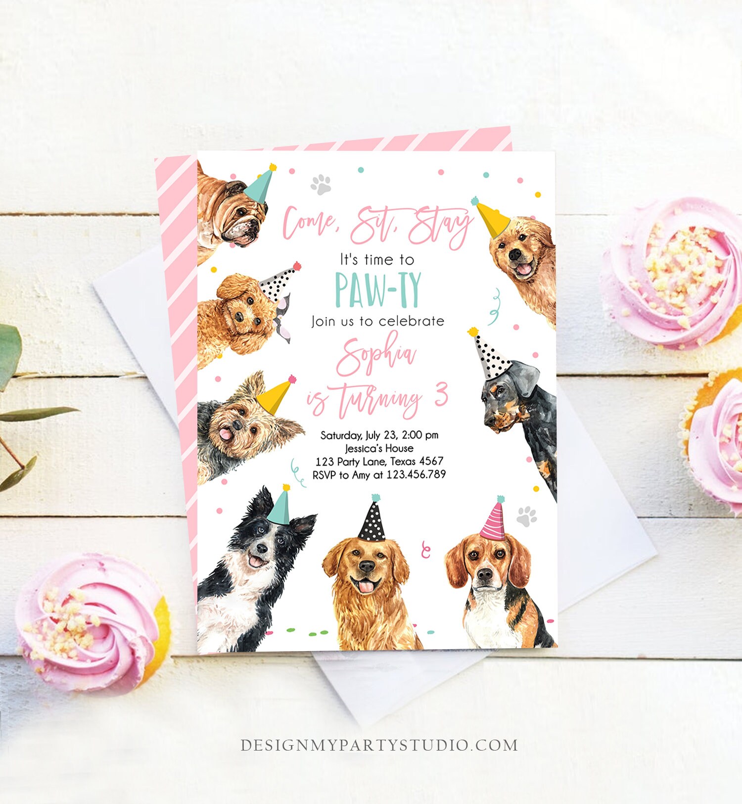 Editable Dog Birthday Party Invitation Puppy Birthday Invite Pink Girl ...