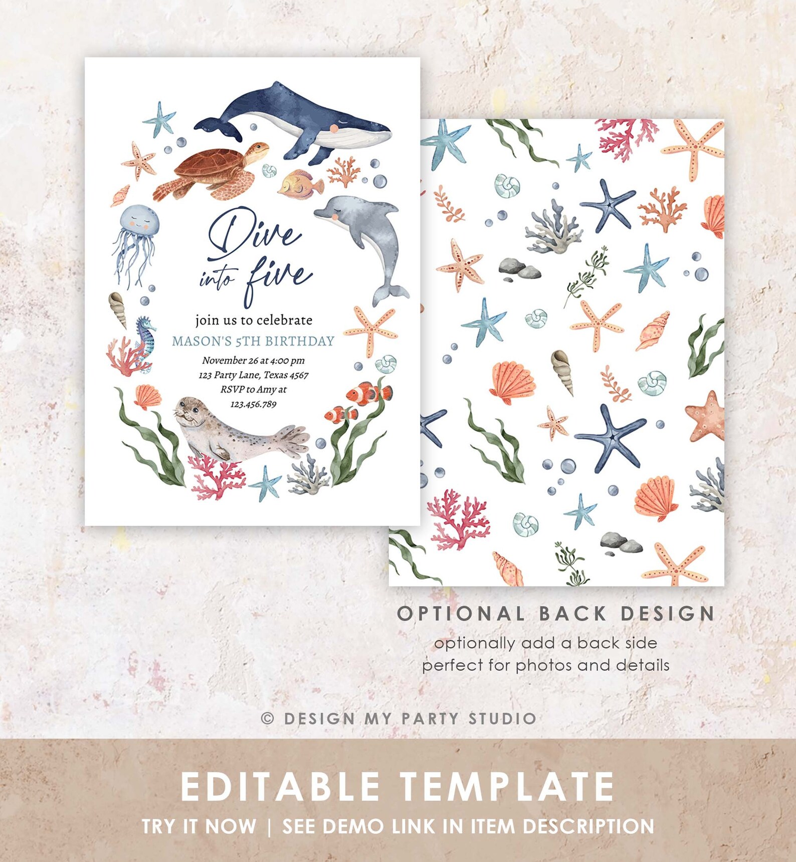 Editable Dive Into Five Birthday Invitation Nautical 5th Birthday Under ...