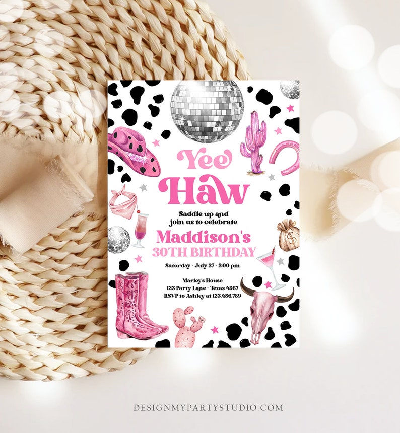Editable Space Cowgirl Birthday Invitation Disco Cowgirl Invite Pink ...
