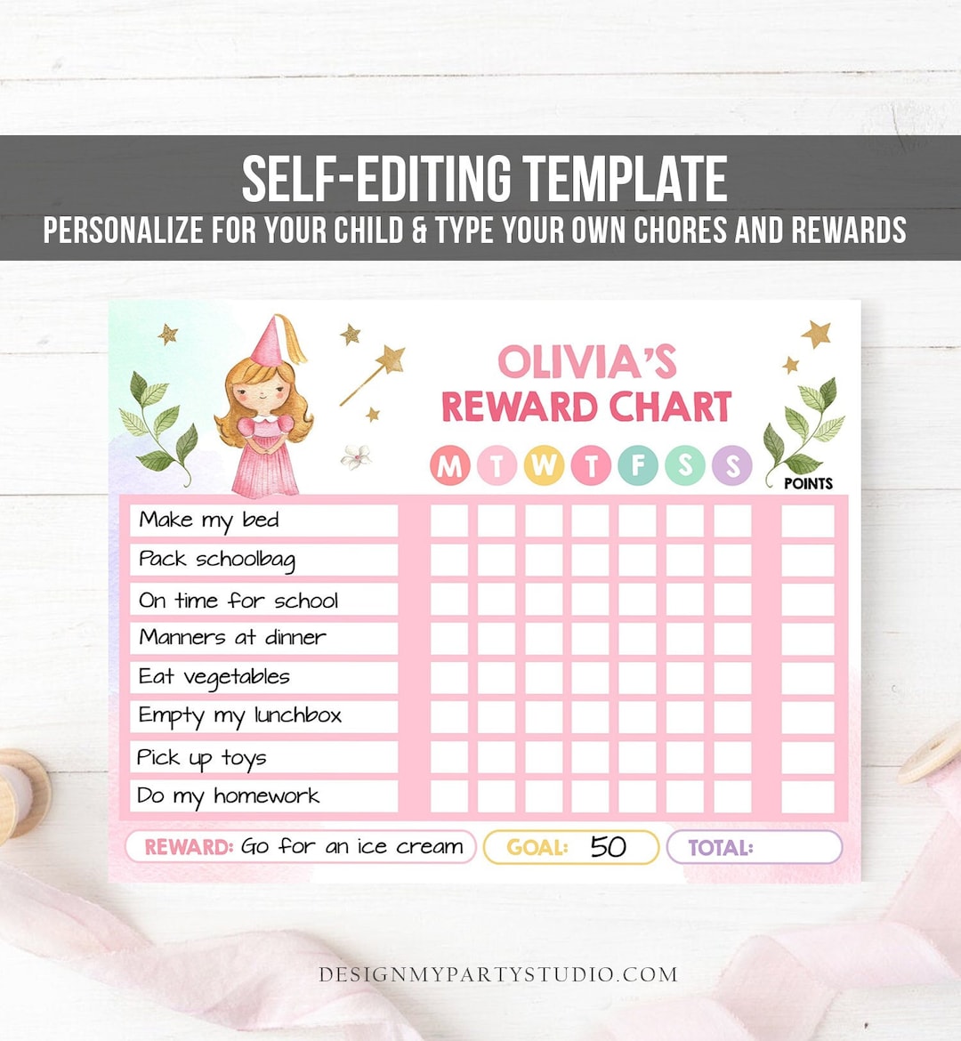 Editable Princess Reward Chart Princess Chore Chart for Kids Routine ...